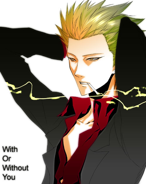 Safebooru - cigarette jacket male one outs shirt simple background ...