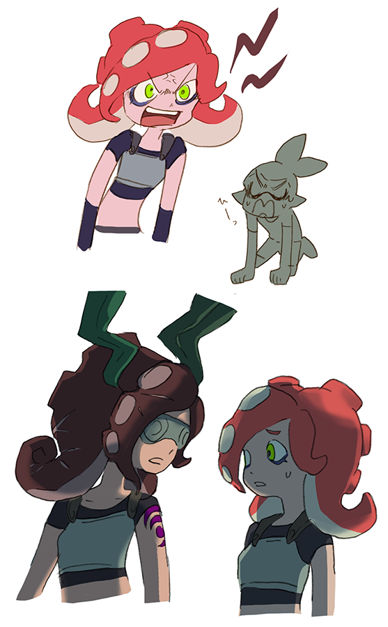 Safebooru - 1boy 3girls anger vein angry goggles green eyes inkling katou (osoraku) kelp ...