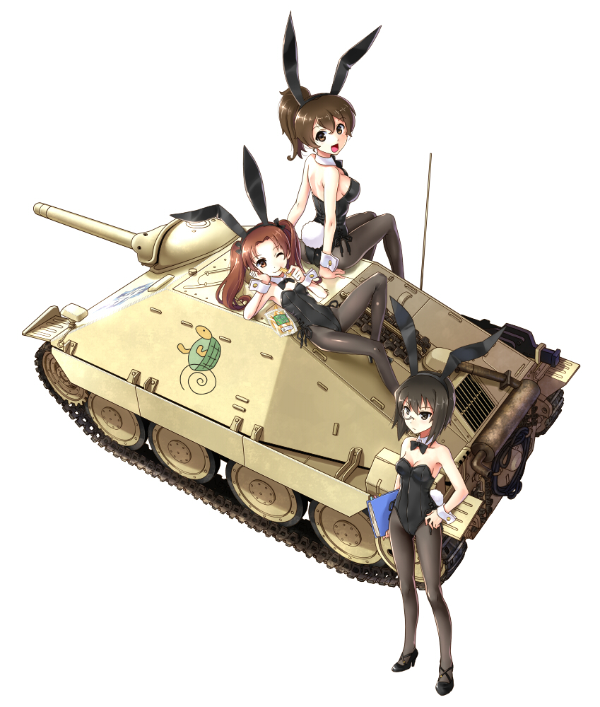 Safebooru - 3girls animal ears arm support bangs bare shoulders black eyes black hair black ...