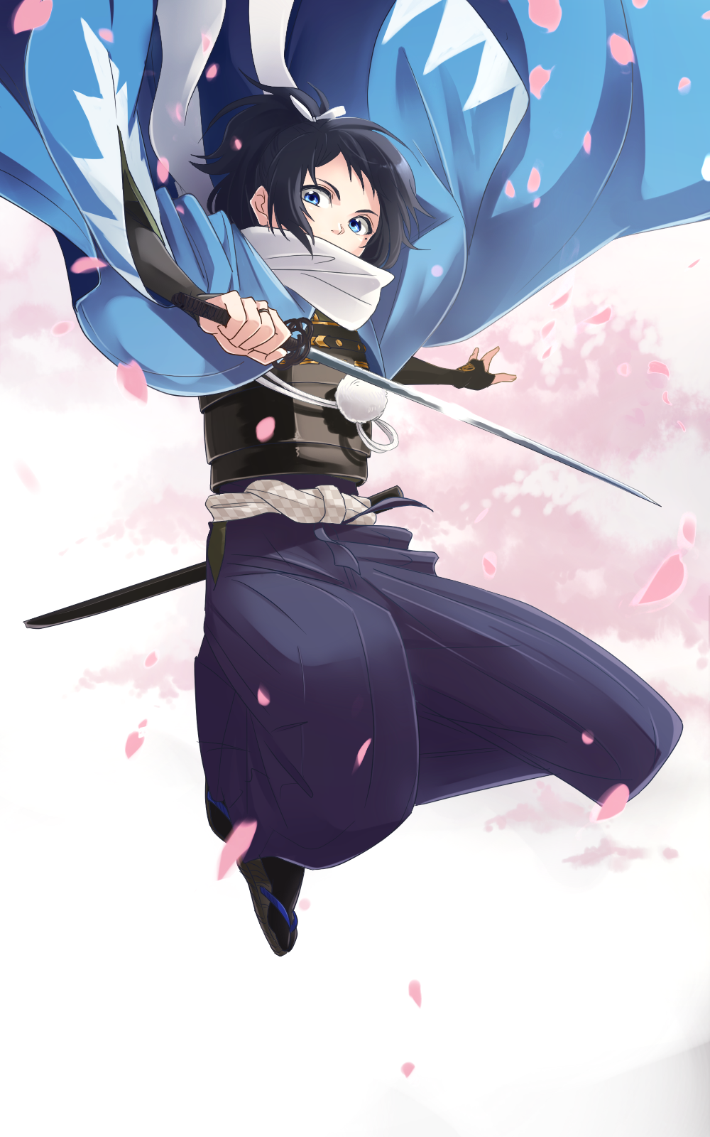 Safebooru - 1boy armor black hair black legwear blue eyes covered mouth full body hakama haori ...