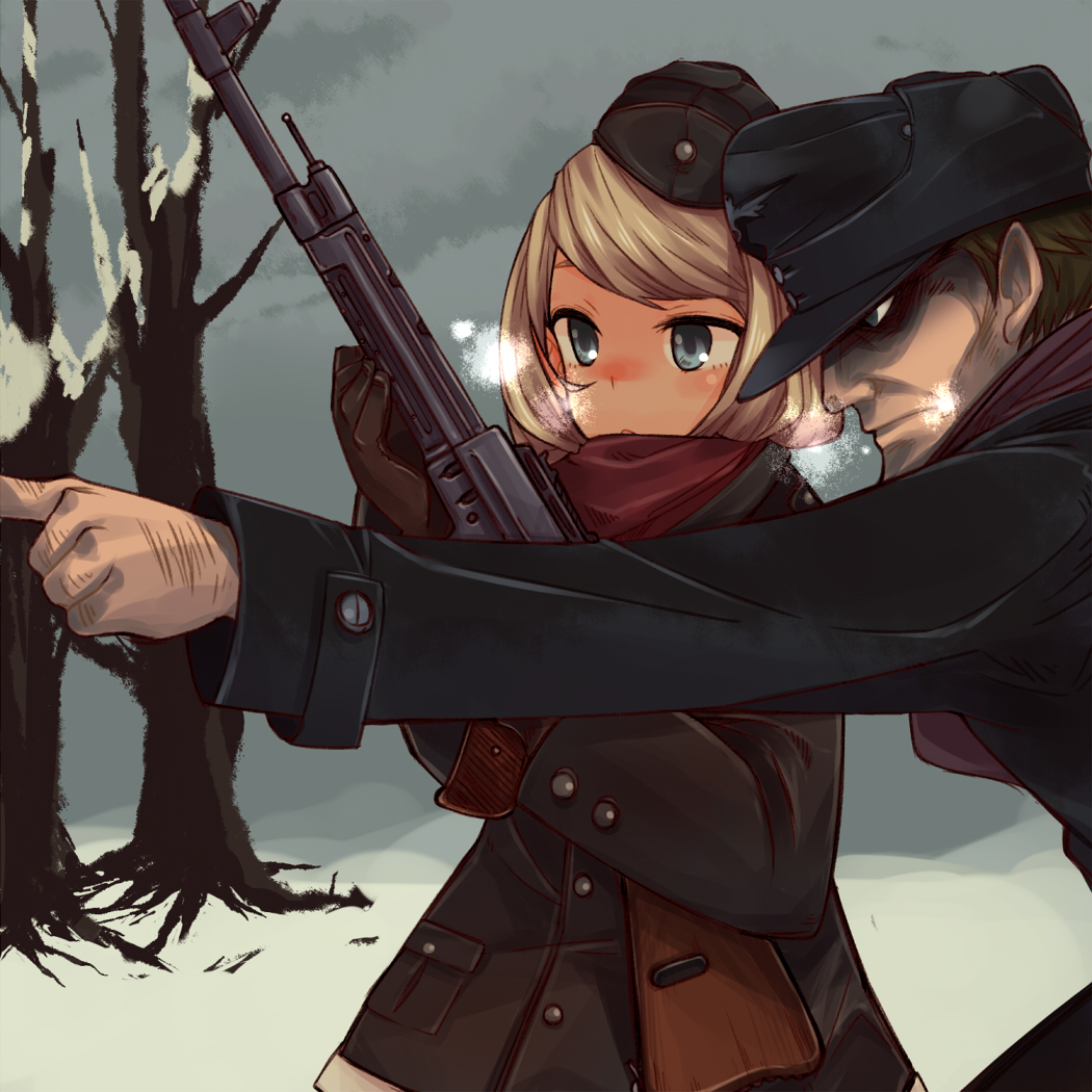 Safebooru - 1boy 1girl assault rifle bare tree blonde hair blue eyes ...