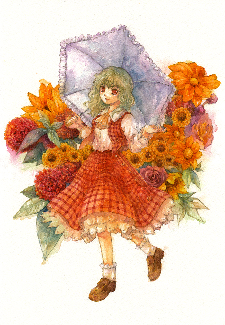 Safebooru - ascot brown shoes collared shirt flower green hair highres ...
