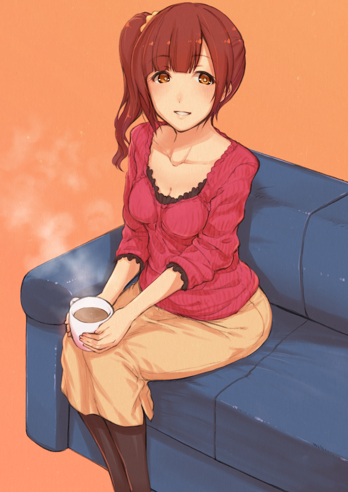 Safebooru - 1girl black legwear breasts brown eyes brown hair collarbone couch cup idolmaster ...