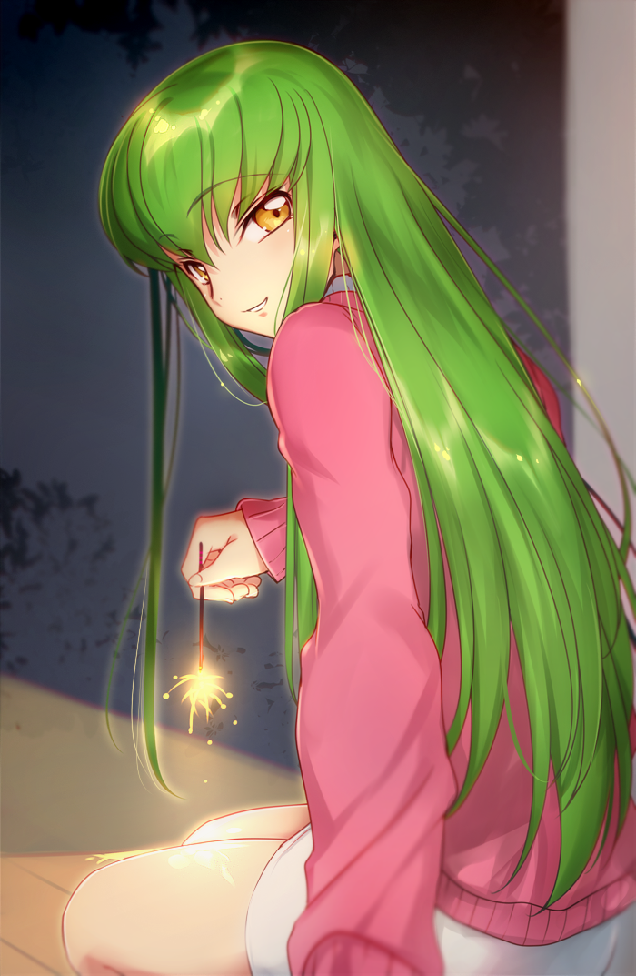 Safebooru - 1girl back c.c. code geass creayus fireworks green hair ...