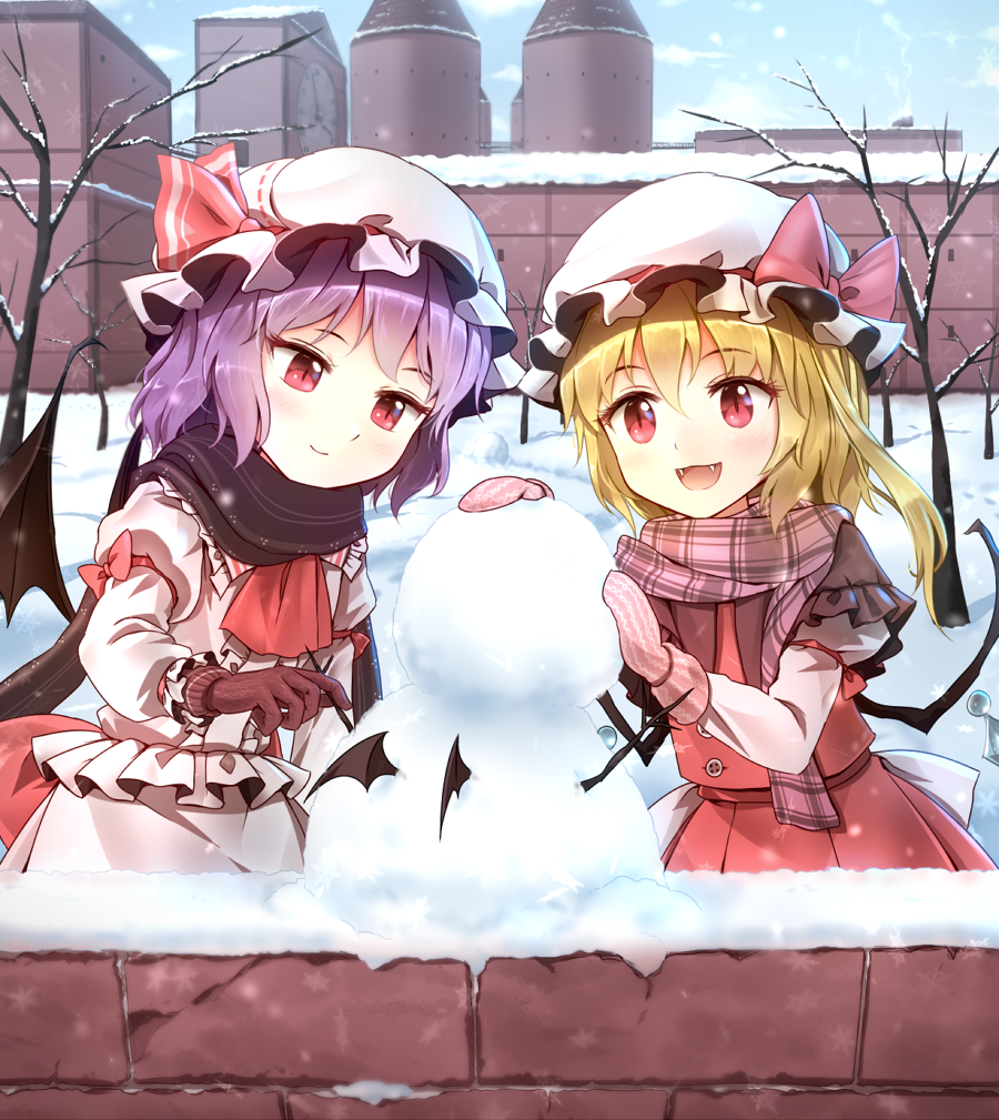 Safebooru - 2girls ascot bare tree bat wings black gloves black scarf blonde hair blue sky blush ...