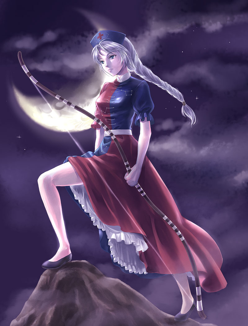 Safebooru - bow (weapon) braid kyuu umi legs lips long hair silver hair ...