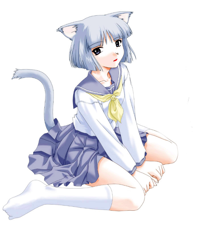 Safebooru - animal ears cat ears cat tail footwear kneeling school uniform serafuku skirt socks ...