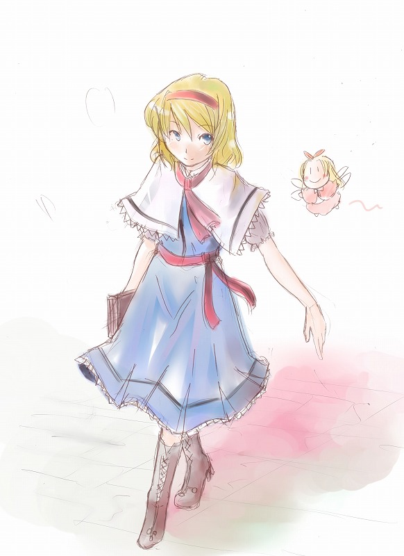 Safebooru - 1girl alice margatroid belt blonde hair blue dress blue eyes book boots brown boots ...