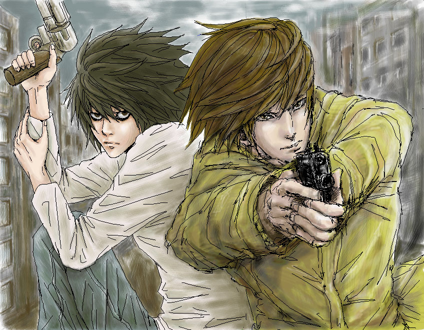 Safebooru - city death note errors gun handgun jacket l male pistol ...
