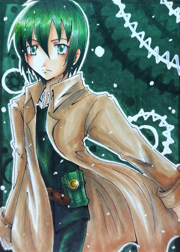 Safebooru - 00s 1girl androgynous bangs coat green green eyes green ...