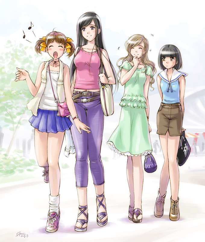 Safebooru - 00s 4girls :o arms behind back bag belt capri pants casual ...