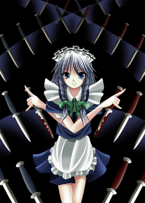 Safebooru - 1girl blood braid female izayoi sakuya knife short hair ...