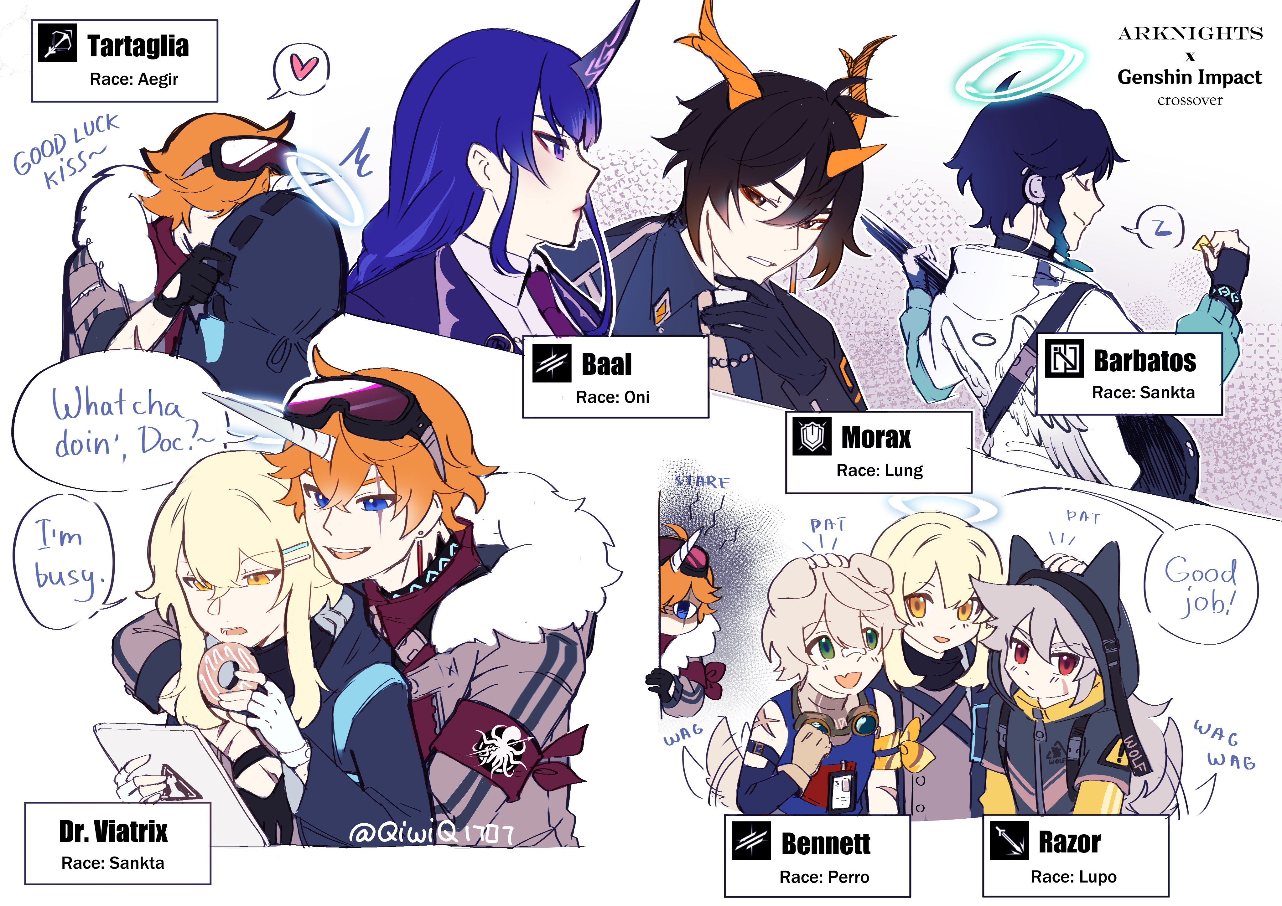 Safebooru - 2girls 5boys absurdres animal ears arknights bennett (genshin impact) blue eyes ...