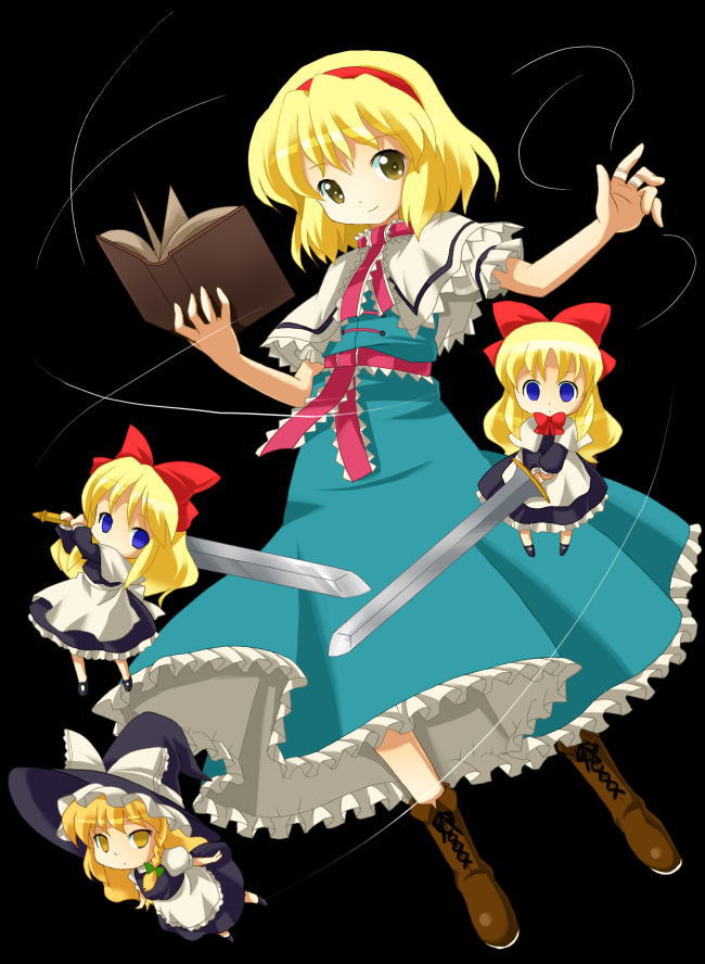 Safebooru - 1girl alice margatroid bangs black background blonde hair blue dress blue eyes book ...