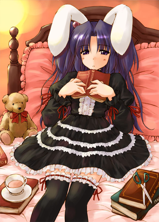 Safebooru - 1girl animal ears bed book clannad dress gothic lolita hair ...