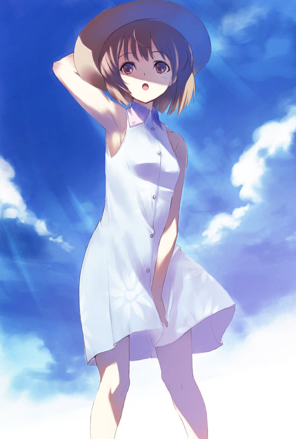 Safebooru - 1girl armpits bare shoulders bob cut brown eyes brown hair dress dress tug hagiwara ...
