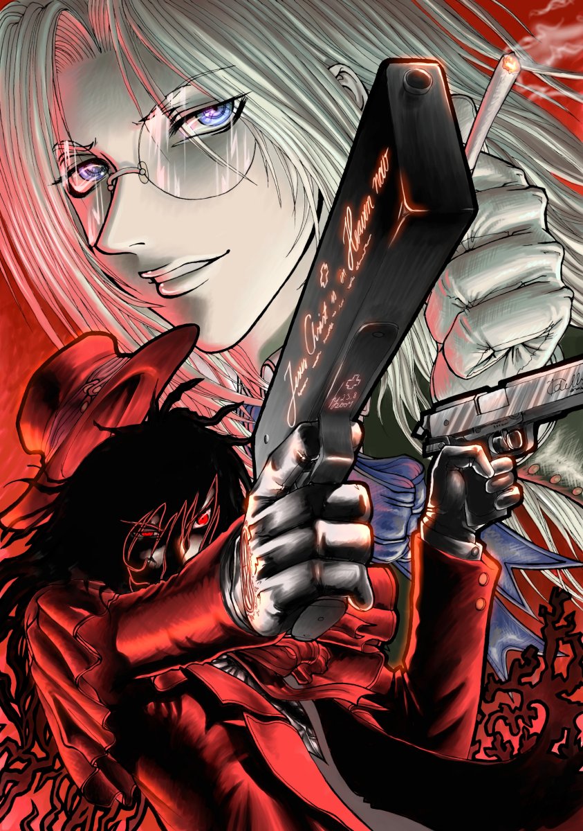 Safebooru - alucard (hellsing) blue eyes cigar gun hat hellsing highres ...