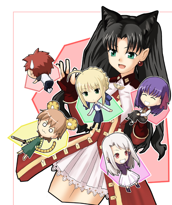 Safebooru - 1boy 5girls :3 ahoge animal ears apron black hair blonde ...