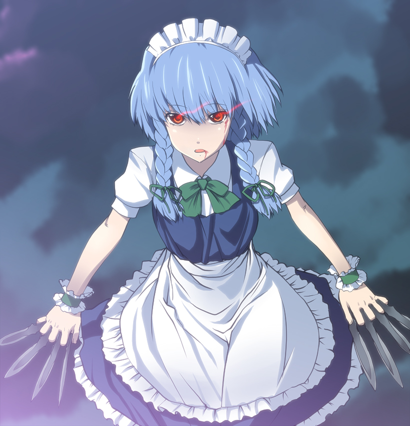Safebooru - blue hair braid hair ribbon izayoi sakuya knife maid maid ...