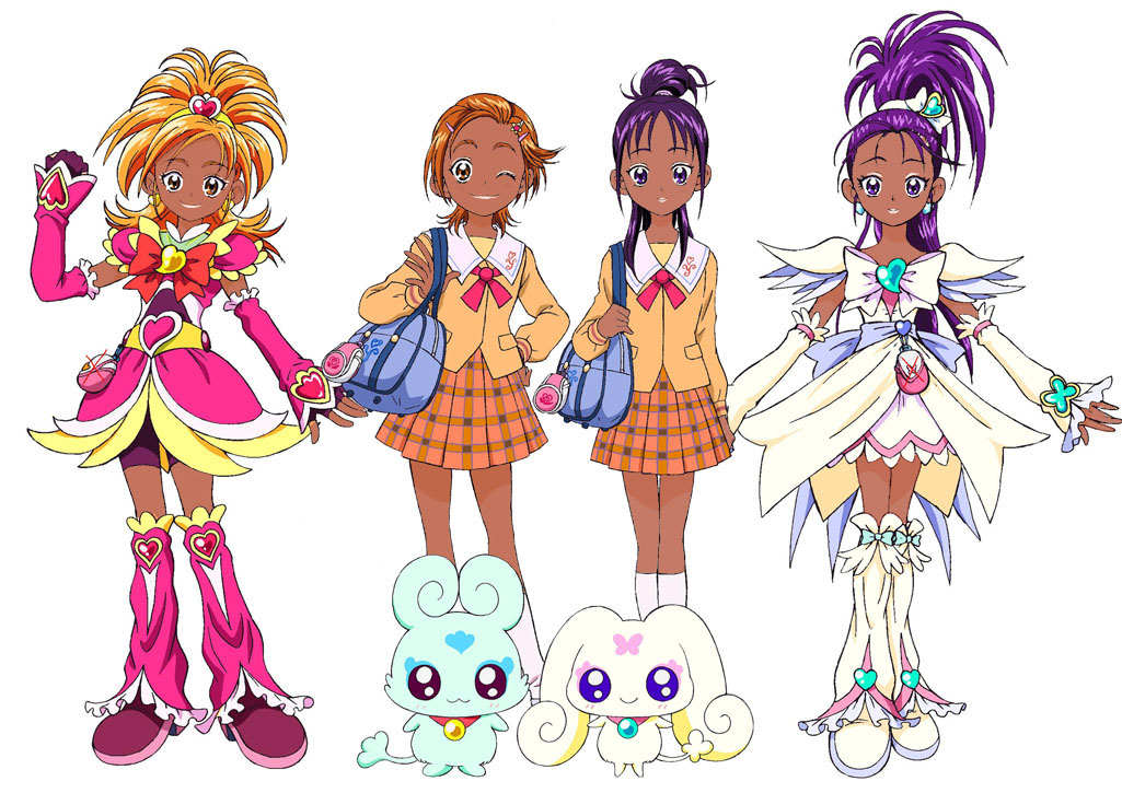 Safebooru - 2girls bag boots brown eyes brown hair choppy creature cure ...