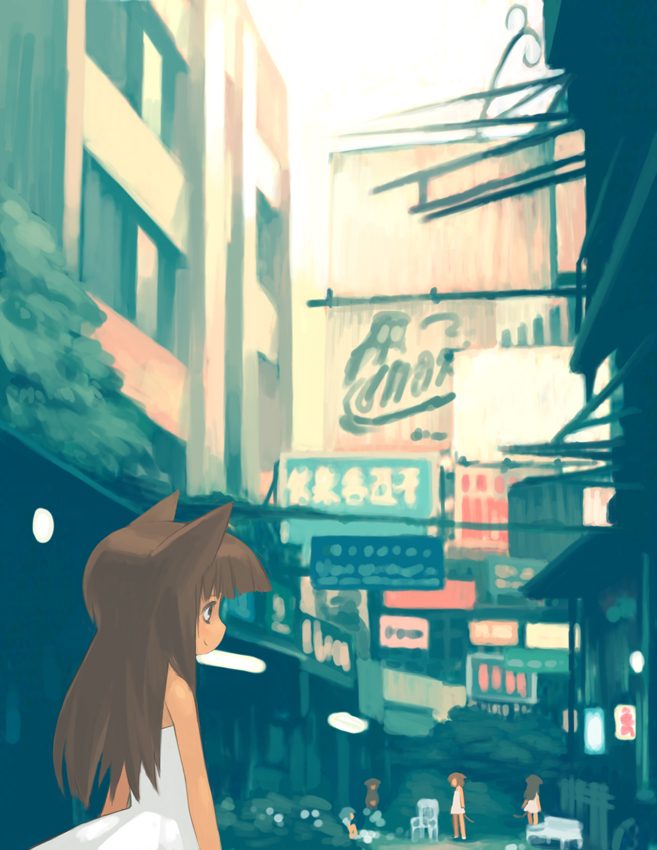 Safebooru - 1girl animal ears brown hair cat ears cat tail city dress ...