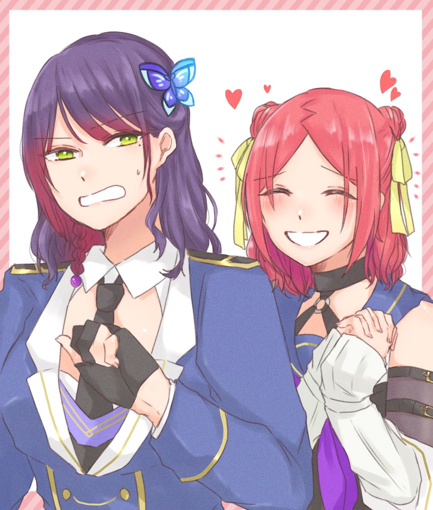 Safebooru - 2girls :d ^ ^ alternate hair length alternate hairstyle annoyed arm belt assault ...