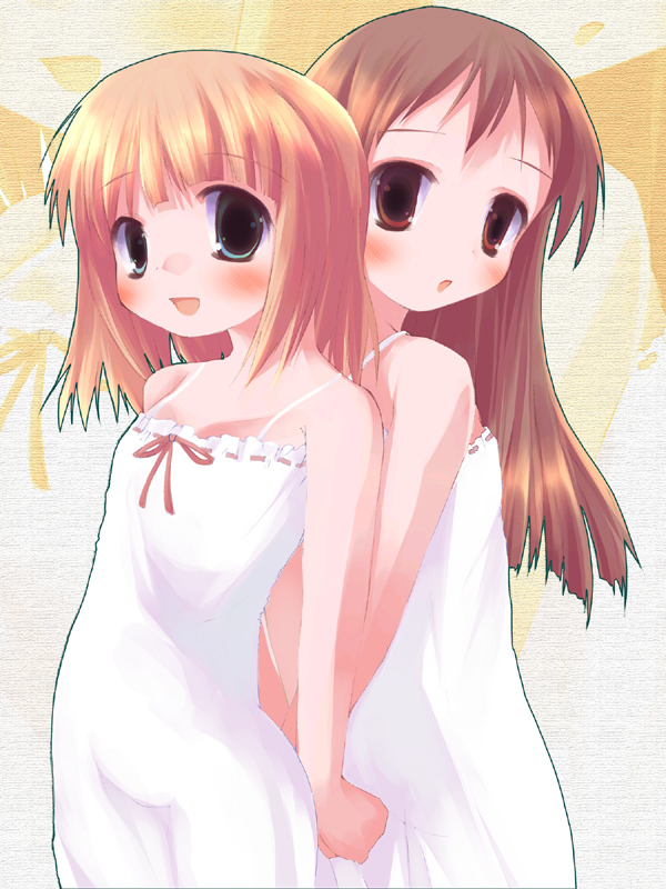 Safebooru 2girls Back To Back Bare Shoulders Blush Brown Eyes Brown