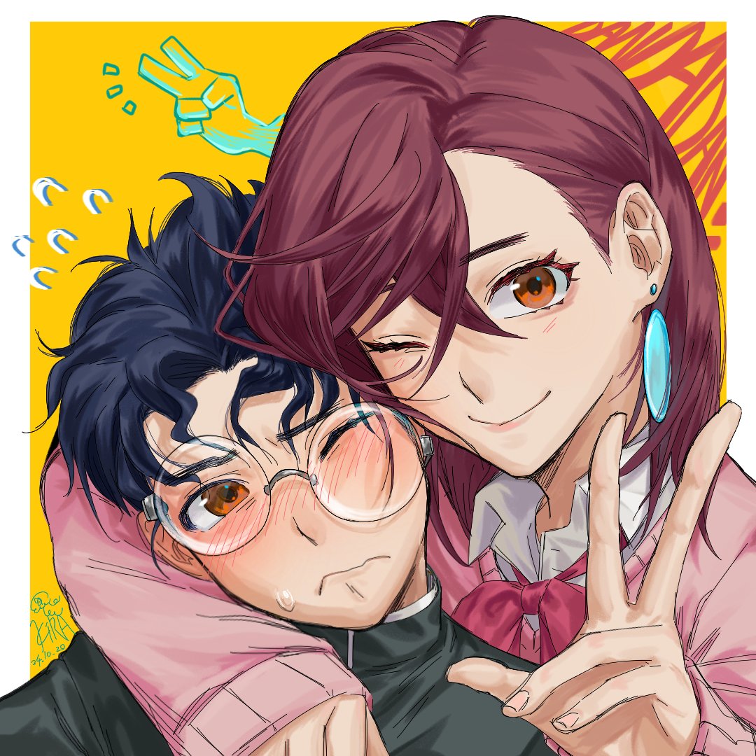 Safebooru - 1boy 1girl arm around neck ayase momo black hair black jacket blush bow bowtie ...