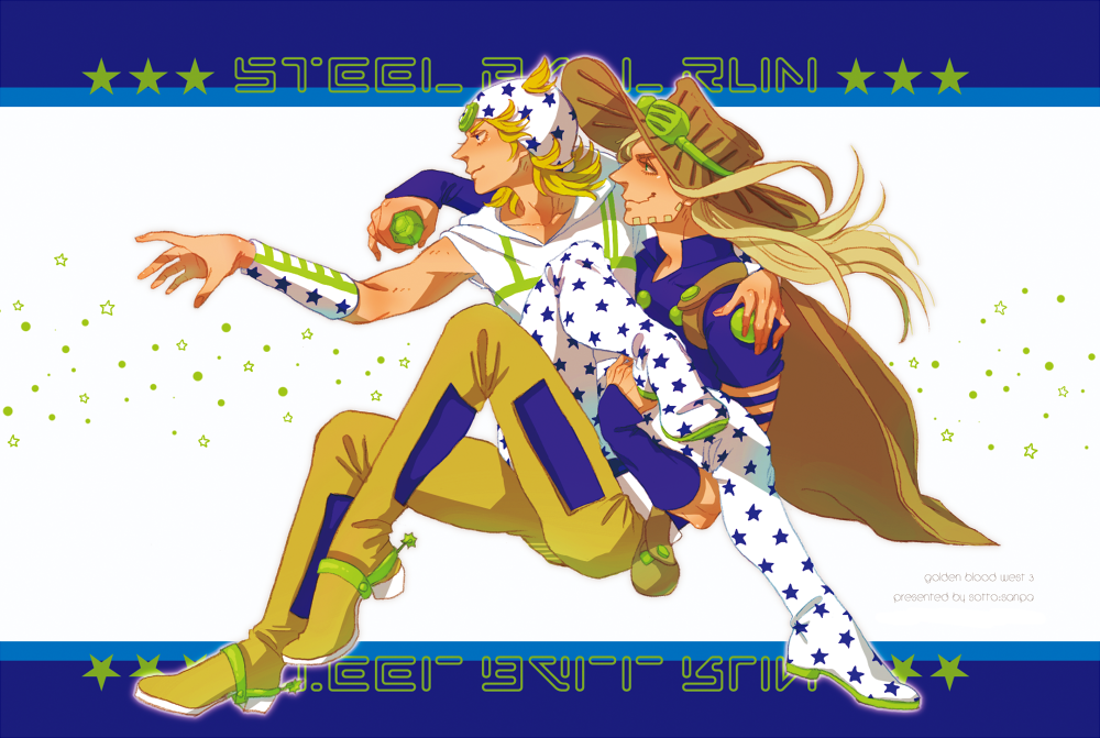 Safebooru - 2boys blonde hair cape carrying gyro zeppeli hat hoodie ...