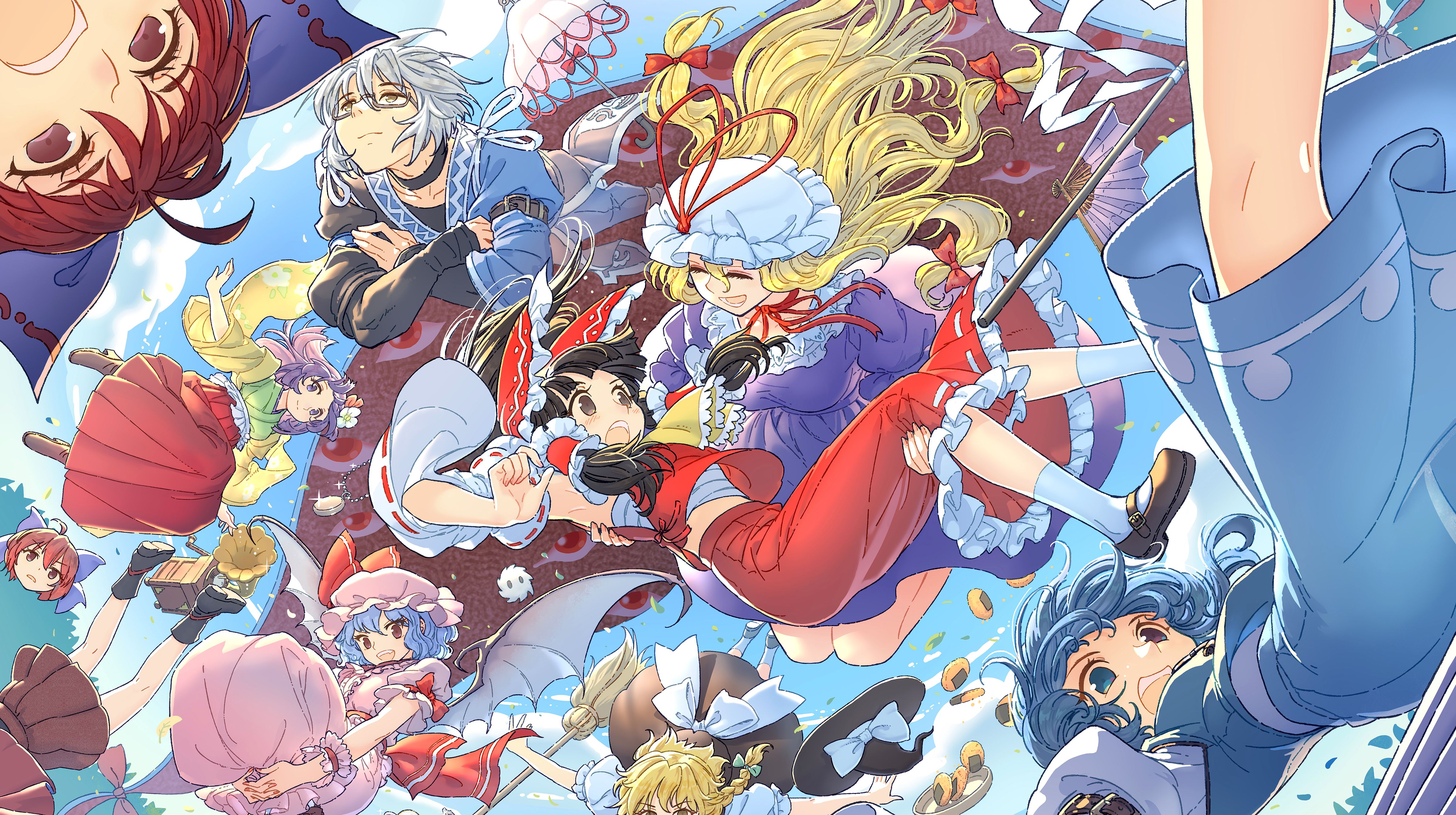 Safebooru - 1boy 6+girls :d :o ^ ^ absurdres back bow bat wings black ...