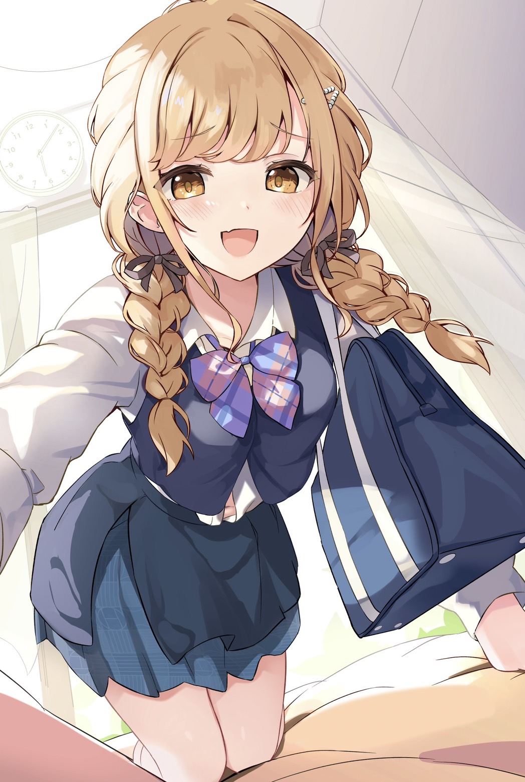 Safebooru - 1girl bag blonde hair blue skirt blush bow bowtie braid commentary request fujita ...