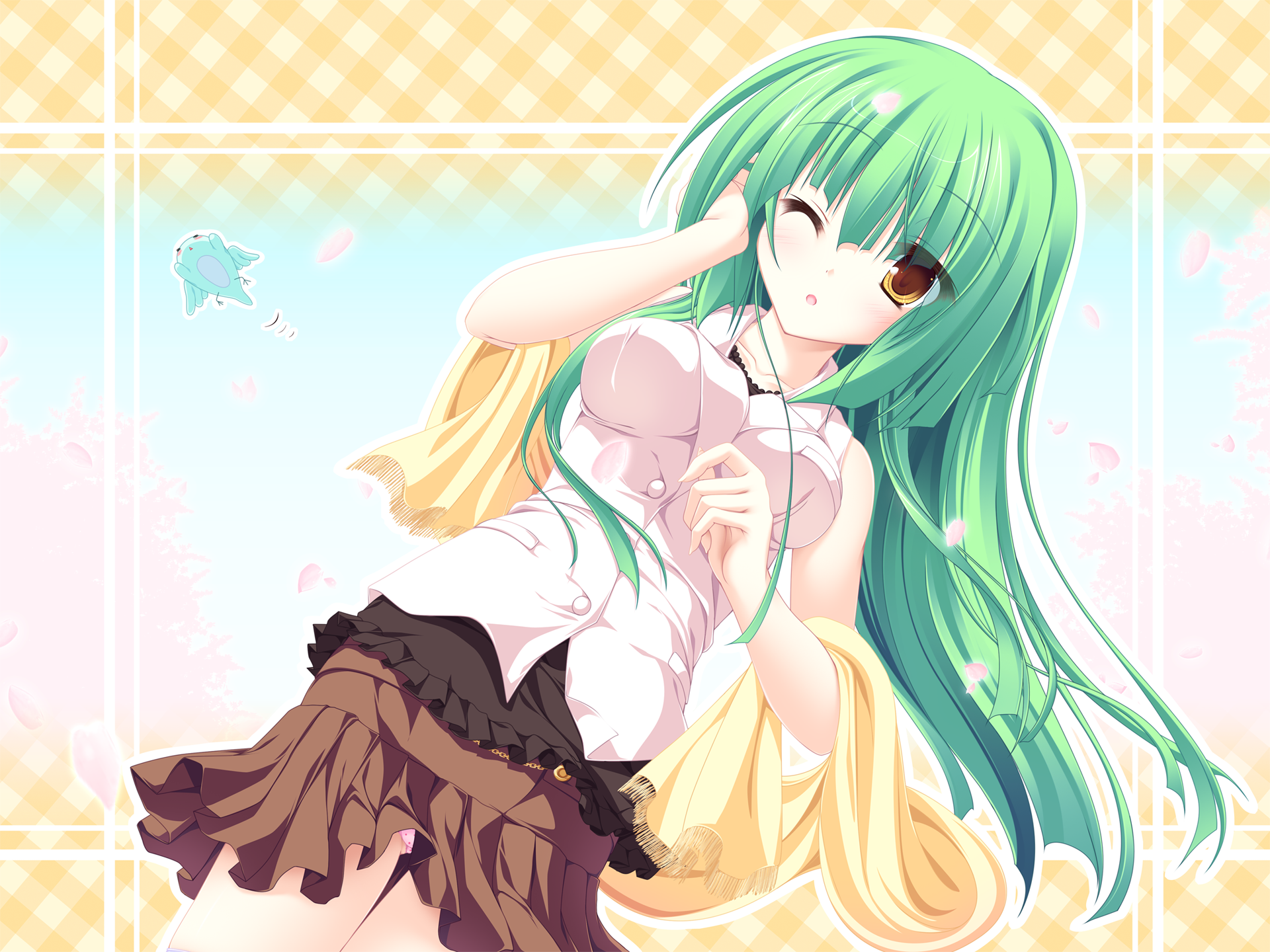 Safebooru - 77 green hair long hair mikagami mamizu panties skirt stera underwear yellow eyes ...