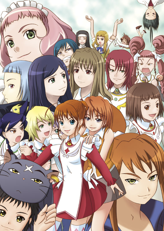 Safebooru - 6+girls :d ahoge akane soir arika yumemiya arm grab arms up bird black hair blonde ...