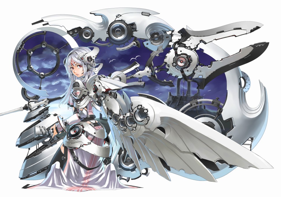 Safebooru - gears kurogin machine mecha musume sky white hair wings ...