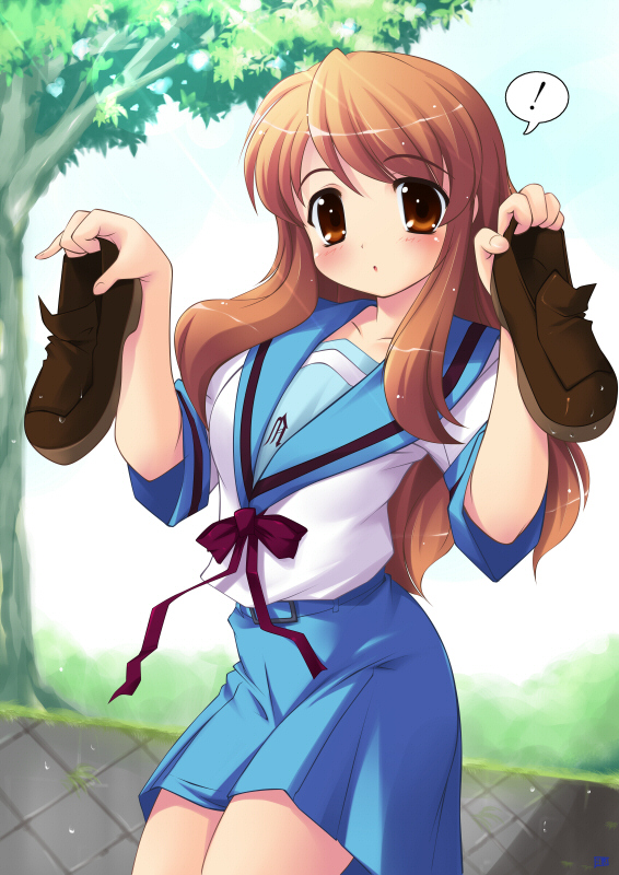 Safebooru - ! 1girl :o asahina mikuru belt blue skirt blush brown eyes brown hair brown shoes ...