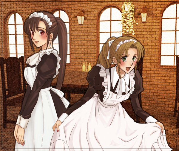 Safebooru - 2girls aerith gainsborough akaza shiro alternate costume blonde hair blush brown ...