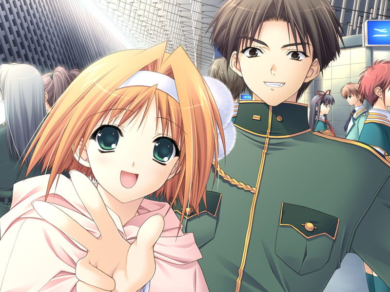 Safebooru - 1boy 1girl aizawa shuuhei blonde hair brown hair crowd foreshortening game cg green ...
