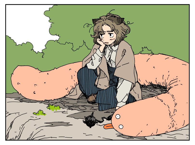 Safebooru - 1girl akai sashimi animal ears brown eyes brown hair cat ears creature flail morning ...