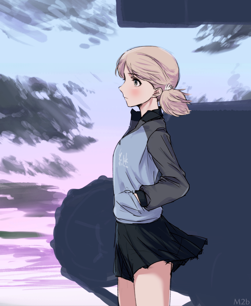 Safebooru - 1girl aki (girls und panzer) bangs blue skirt blush bt-42 closed mouth clouds cloudy ...