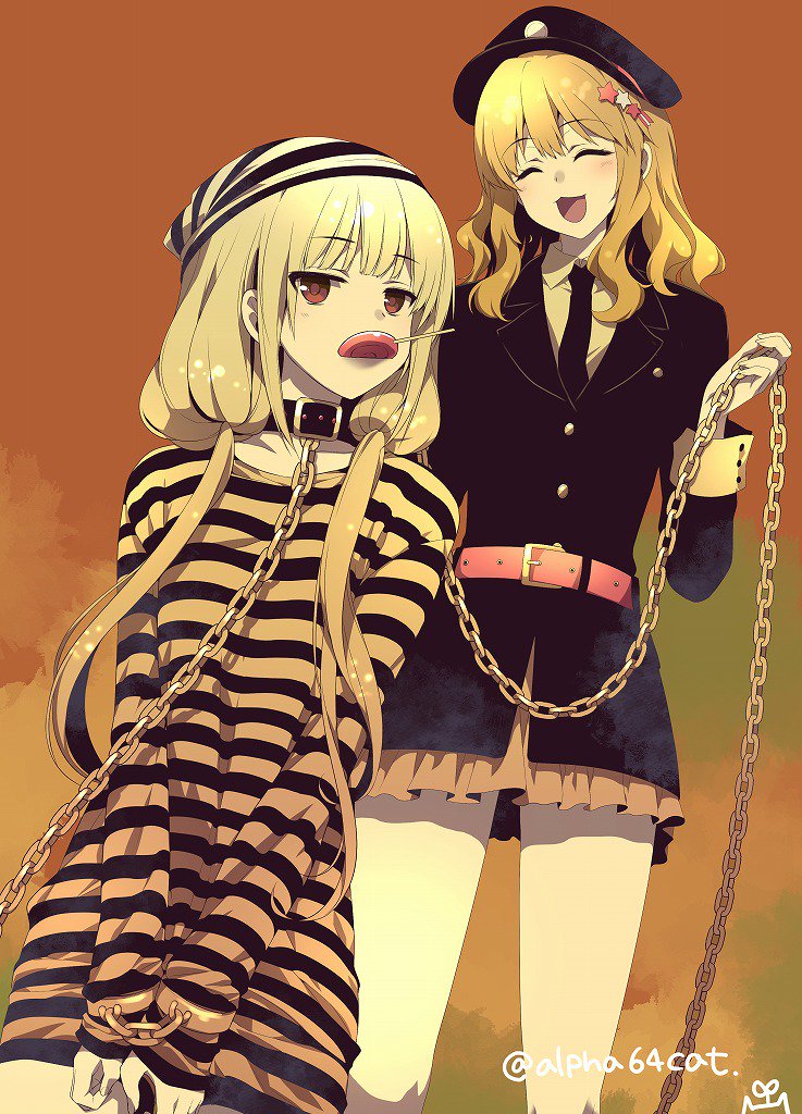 Safebooru - 2girls :3 ^ ^ alpha (yukai na nakamatachi) bangs belt blonde hair blush brown ...