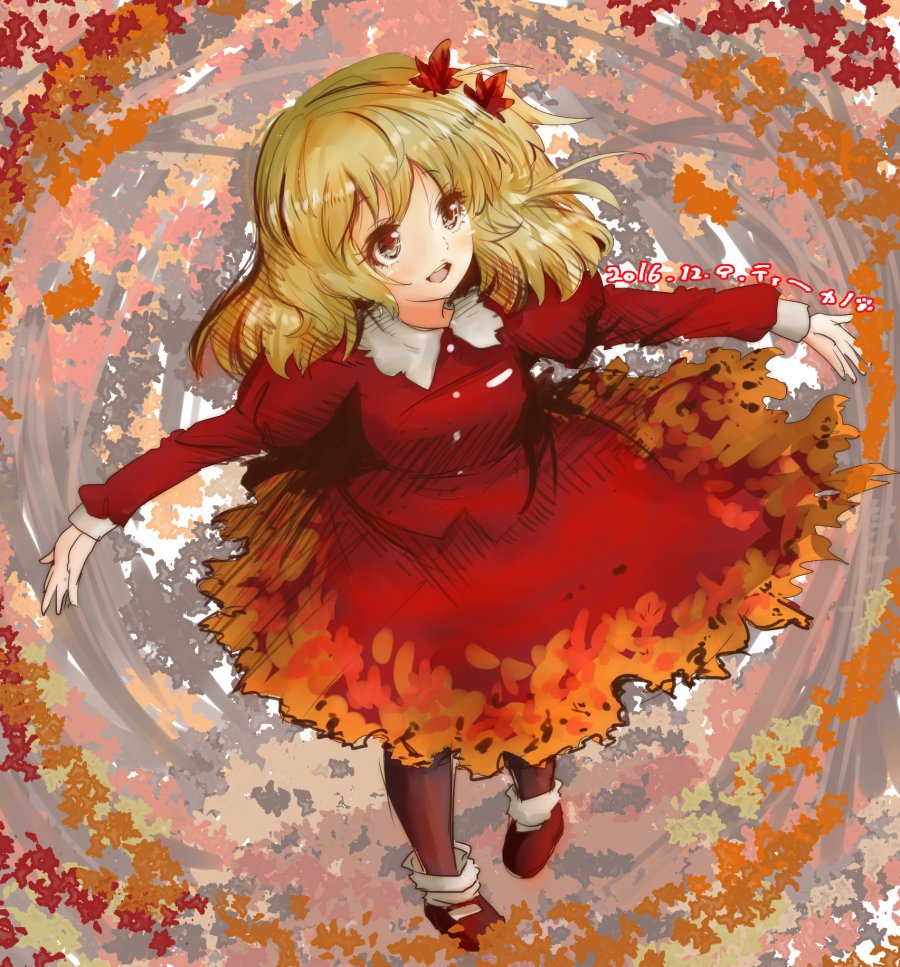 Safebooru - 1girl aki shizuha autumn autumn leaves blonde hair dated dress full body hair ...
