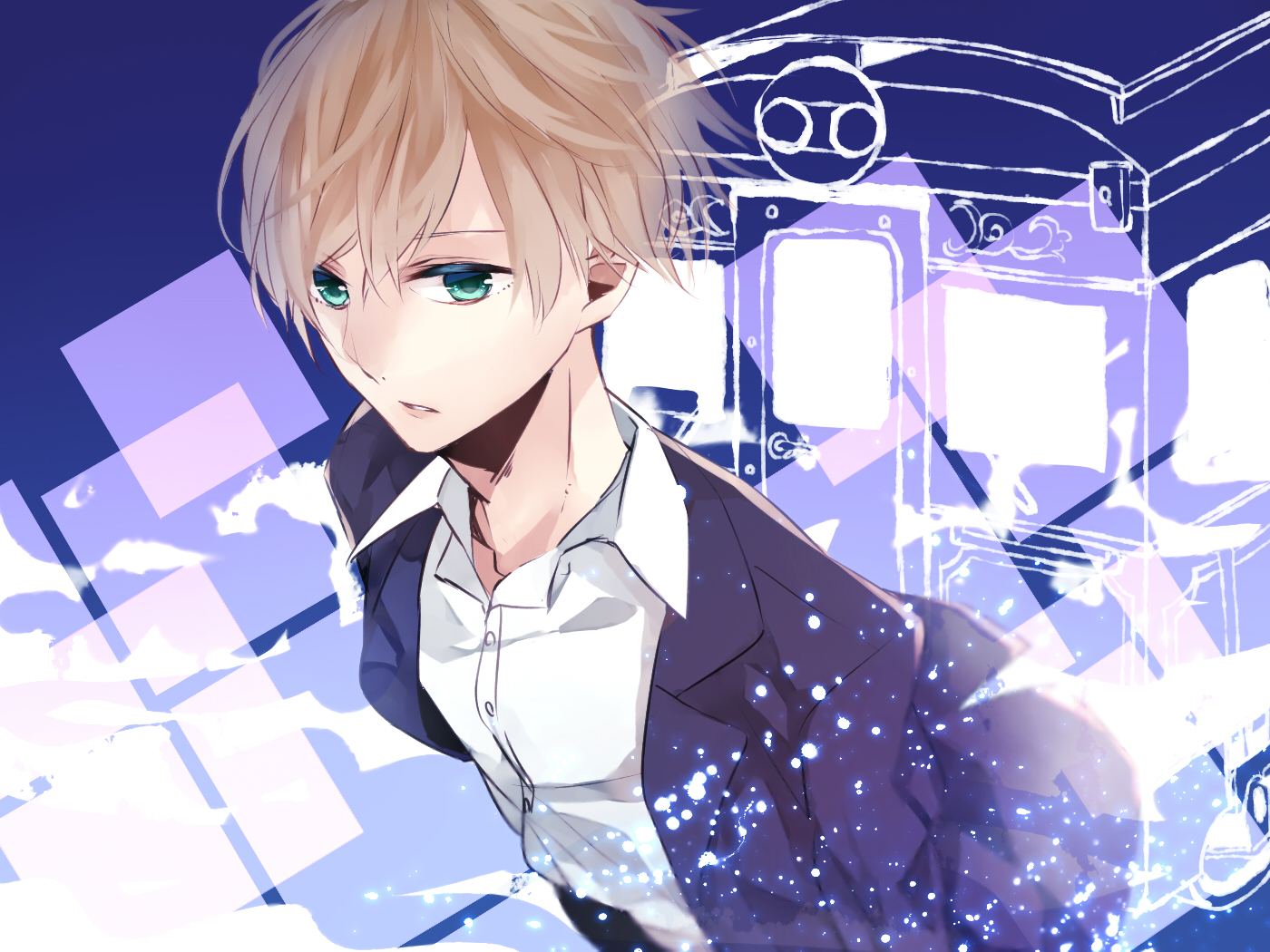 Safebooru - 1boy blue background blue eyes brown hair from above ground ...