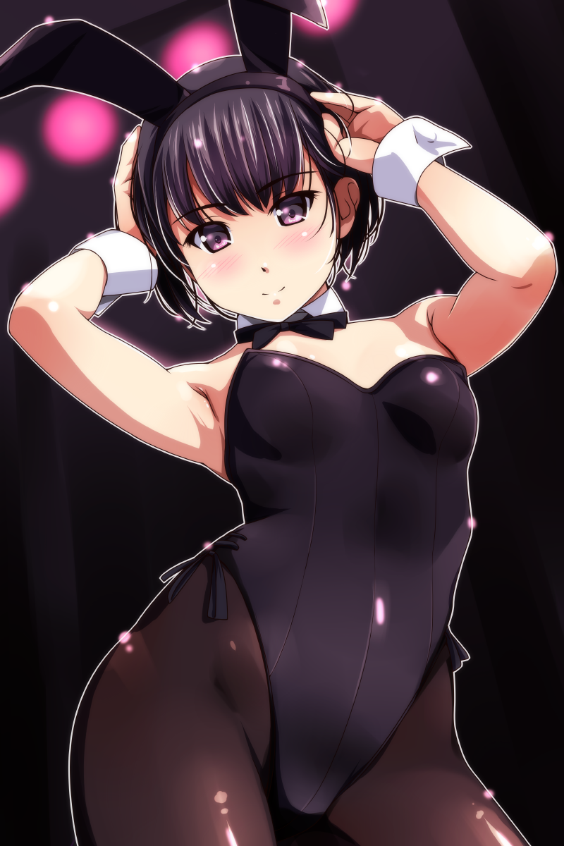 Safebooru - 1girl animal ears armpits bare shoulders black eyes black hair black legwear blush ...