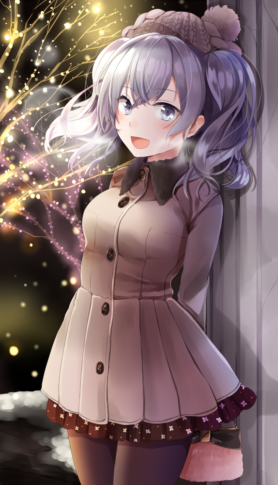 Safebooru - 1girl arms behind back bag bangs bare tree black legwear black skirt blue eyes ...