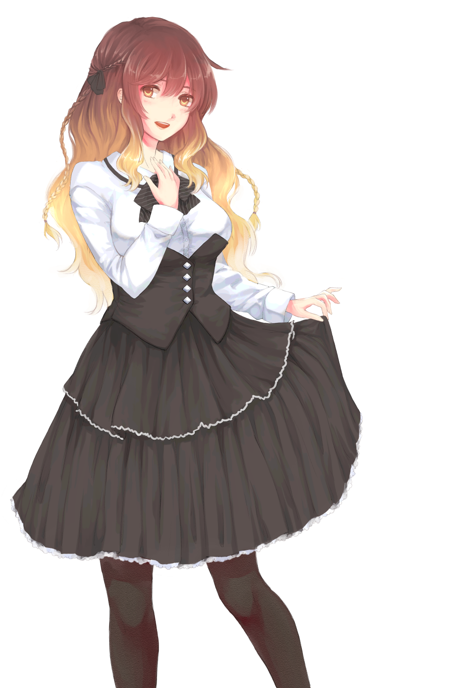 Safebooru - 1girl alternate costume black bow black legwear black ribbon black skirt blonde hair ...