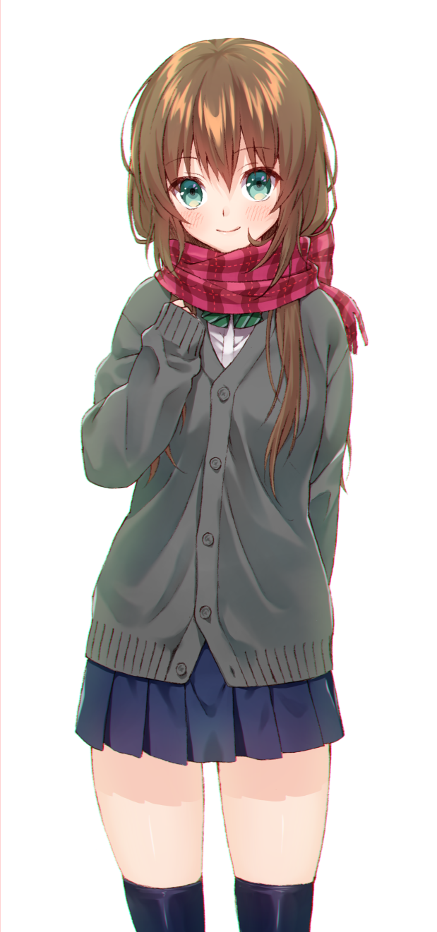 Safebooru - 1girl arm behind back bangs black legwear blue skirt blush bow bowtie brown hair ...