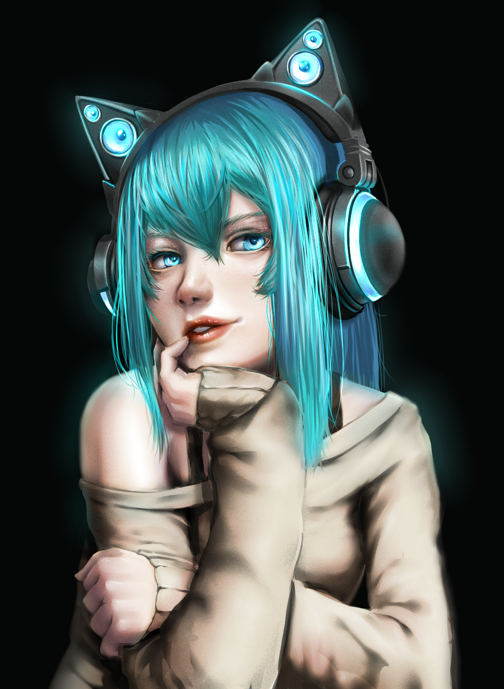 Safebooru - 1girl animal ears axent wear black background bra strap cat ear headphones cat ears ...