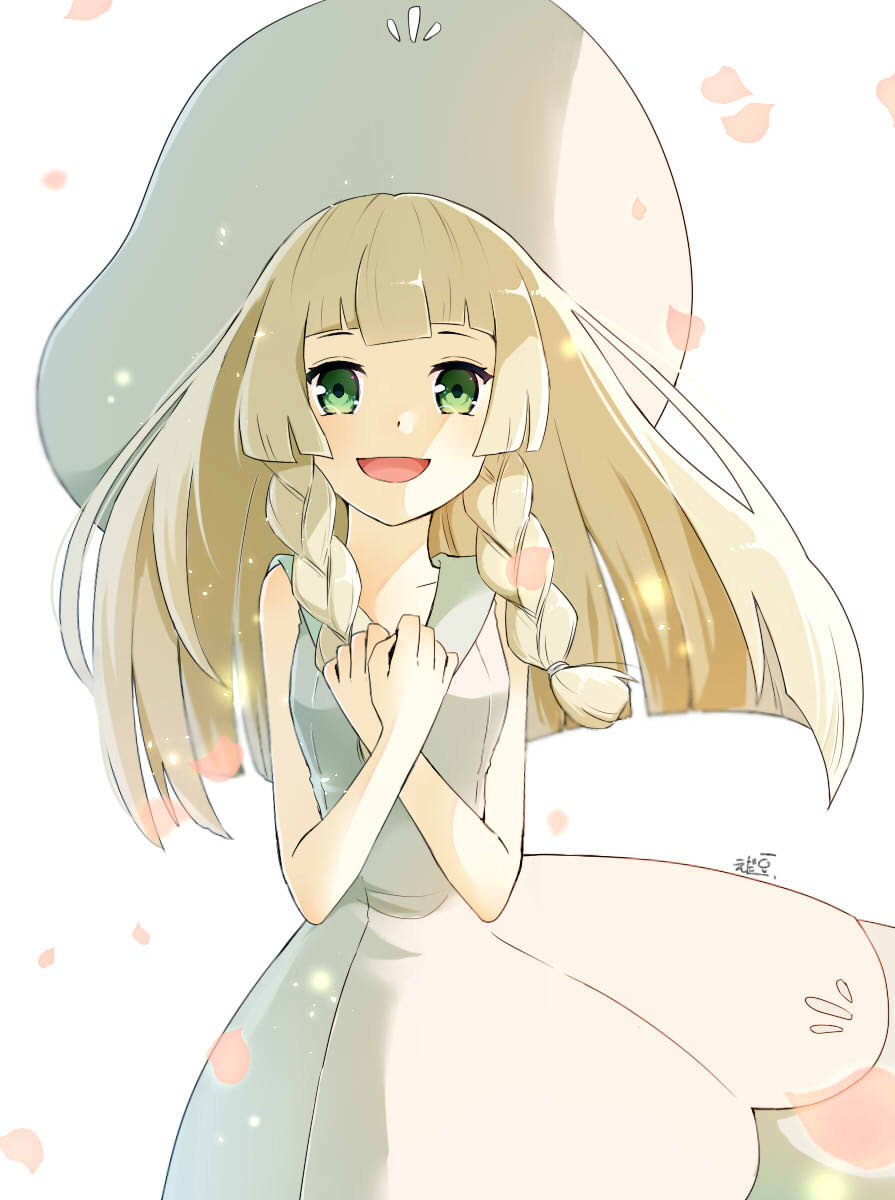 Safebooru - 1girl blonde hair braid dress edamame (fourseasonsaki) green eyes hat highres lillie ...