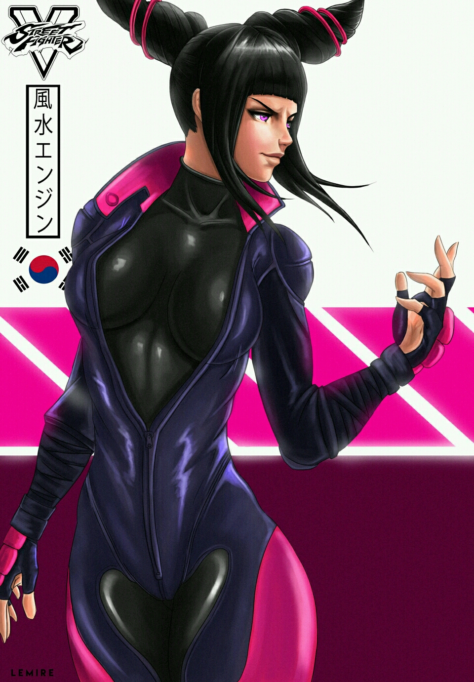 Safebooru - 1girl bangs biker clothes bikesuit black hair bodysuit breasts drill hair fingerless ...