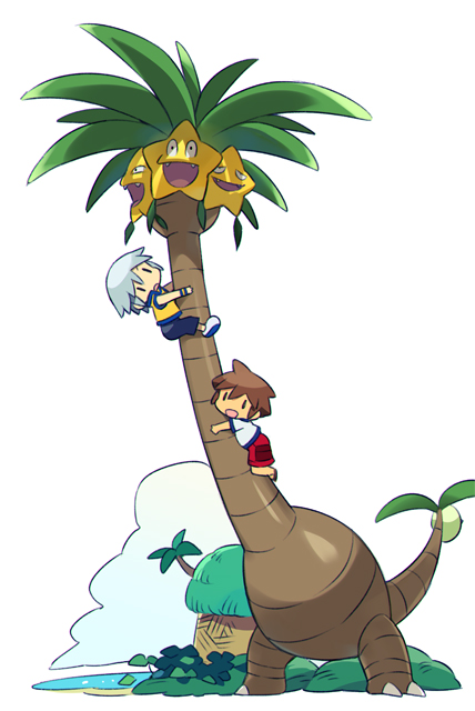 Safebooru - 2boys alola form alolan exeggutor blue sky brown hair chibi ...